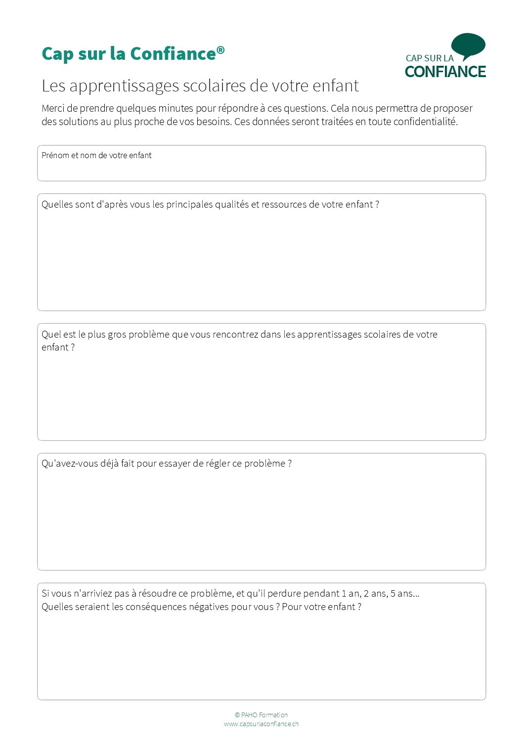 Questionnaire parents | Cap sur la Confiance